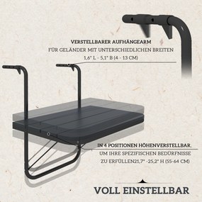 Balkonový stolek Outsunny k zavěšení, nosnost až 25 kg, skládací balkonový stolek, výškově nastavitelný ve 4 směrech, hliník, 60 x 40 cm, černý | Aos…