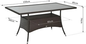 Outsunny jídelní stůl zahradní stůl polyratanový skleněný stůl 150x85x74cm, bezpečnostní sklo hnědočerné, ideální pro zahradu a terasu |