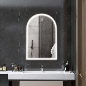 HOMCOM LED koupelnové zrcadlo 90 x 60 cm, nástěnné, 3 barvy, zakřivené, hliníkový rám, odvlhčování a dotykový spínač