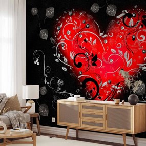 Fototapeta Abstrakce s srdcem - červené srdce s ozdobami na černém pozadí