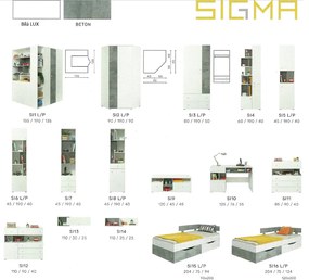 Meblar Dětský pokoj Sigma A Barva: Beton/Bílý Lux/Dub, Matrace: Bez matrace, Osvětlení: S osvětlením