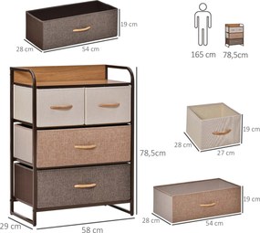 HOMCOM Textilní Komoda se 4 Skládacími Zásuvkami, Dřevěný Vrchní Plocha a Kovový Rám pro Obývací Pokoj 58x29x78,5 cm Vícebarevná