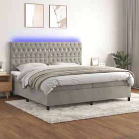 Box spring postel s matrací a LED světle šedá 200x200 cm samet