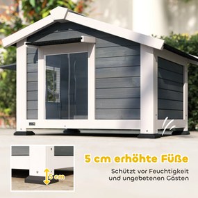 Dřevěná bouda pro psy odolná proti povětrnostním vlivům s odnímatelnou podlahou asfaltová střecha otevírací okno 98x76x69,5 cm šedá