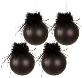 4ks černá vánoční ozdoba koule s peříčky - Ø 8 cm