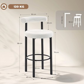 HOMCOM sada 2 bouclé barových židlí s zakřiveným opěradlem, opěrkou pro nohy a kovovými nožkami, 50,0 × 52,6 × 98,0 cm, krémová