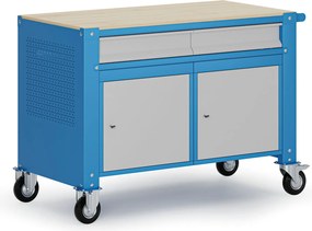 Pojízdný dílenský stůl G9, 2 skříňky, 2 zásuvky, 1180 x 595 x 865-1130 mm, šedá/modrá