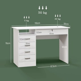 HOMCOM Moderní Počítačový Stůl s 5 Zásuvkami, Velká Deska, 1 Otevřený Úložný Prostor, Zámková Zásuvka, 110x50x76 cm, Bílý