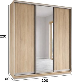 Skříň s posuvnými dveřmi 2000x2200x600 2LTD 1 Zrcadlo Dub Sonoma, profil stříbrný