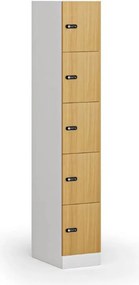 Šatní skříňka S1 s úložnými boxy, 5 boxů, 1850 x 300 x 500 mm, demont, mechanický kódový zámek, laminované dveře, buk