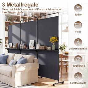 Costway 3-dílný dělič pokoje na kolečkách, skládací zástěna, zástěna na – šedá