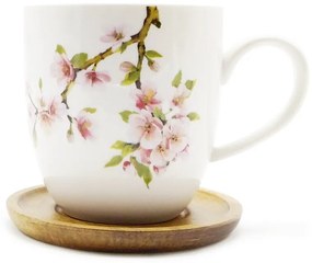 Porcelánový hrnek Sakura s akáciovým podšálkem, 350 ml – s motivem růžových květů a japonskou elegancí
