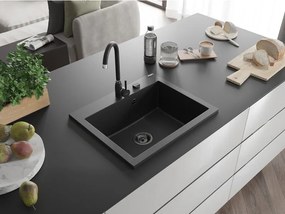 Mexen Elix, 1-komorový granitový dřez 600 x 500 mm, černá/stříbrná metalíza, černý sifon - 6525601005-73-B