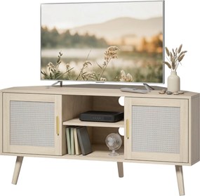 HOMCOM rohový televizní nábytek 115 cm, nábytek pod televizi pro televize až 65 palců, 2 ratanové dveře, 2 přihrádky, dub