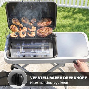Outsunny Přenosný plynový gril 1 hořák 2,5 kW grilovací vozík se skládacím vozíkem Grilovací rošt Boční stolek Víko Teploměr