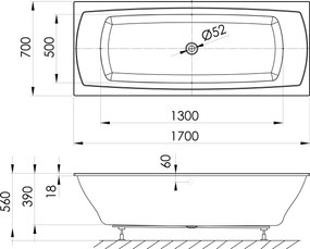 Polysan Lily Slim obdélníková vana 170 x 70 x 39 cm bílá 72230S