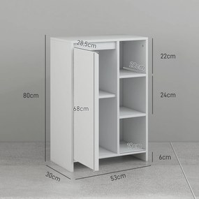 Koupelnová skříň HOMCOM, úložný nábytek se 3 otevřenými přihrádkami a 1 skříňkou s nastavitelnou policí, 53 x 30 x 80 cm, bílá