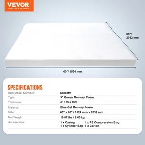 vršek matrace Memory Foam Odnímatelná a omyvatelná Queen tloušťka 76,2 mm
