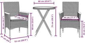 3dílný bistro set s poduškami šedý polyratan a akácie 3278754
