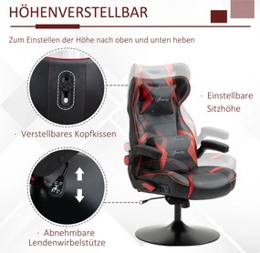 Výškově nastavitelná herní židle Vinsetto s ergonomickou houpací funkcí, reproduktory, bederní a krční opěrkou z umělé kůže | Aosom.de
