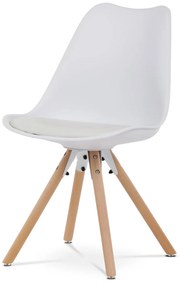 Jídelní židle, bílá plastová skořepina, sedák ekokůže, nohy masiv přírodní buk