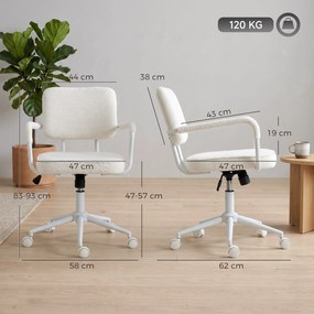 HOMCOM Kancelářská židle z beránkového fleecu, otočná židle s 360° otočnou funkcí, naklápěcí funkcí, výškově nastavitelná, s PU kolečky, krémově bílá
