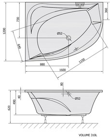 Polysan TANYA L asymetrická vana 160x120x49 cm, bílá, 65119