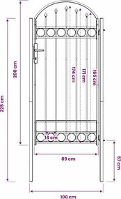 Plotová brána ASSEN s klenutým vrškem ocelová 100 x 200 cm černá 146339