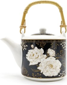 Porcelánová čajová souprava Art Deco, konvice 0,6 l – s bambusovým držadlem, se 2 šálky, art deco design, s nerezovým sítkem