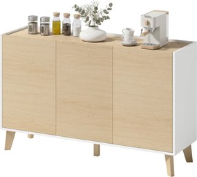 HOMCOM kuchyňské buffet, severský úložný nábytek, 3 dveře se soft-close, 6 přihrádek, přírodní vzhled dřeva a bílá