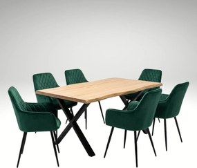 Vikio Jídelní set pro 6 osob 160x90 cm soft dub noha X zelená židle s područkami VJS226-6Z