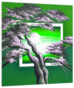 Zelený obraz stromu a východu slunce (30x30 cm)
