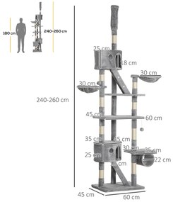PawHut škrabadlo pro kočky 240-260 cm vysoké sisalové šplhací stromy světle šedé levně pro milovníky koček | Aosom.de