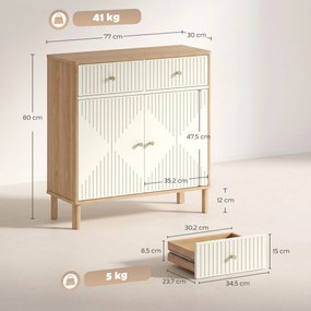 HOMCOM Bufet, rýhovaný úložný nábytek s deskou v dubovém vzhledu, 2 zásuvky, 2 dveře, nastavitelná police, 77x30x80 cm, krémová