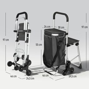 HOMCOM Nákupní vozík, 40 l Oxford taška, 3-kolové provedení, hliníkový rám, sedadlo, Tmavě šedá