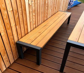 KULHÁNEK Designová zahradní lavice bez opěradla Délka: 200 cm, Odstín nátěru: lazura - ořech, Odstín podnože: černá s jemnou strukturou - JS RAL 9005