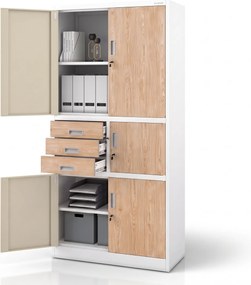 Kovová kancelářská skříň se sejfem bílá, dub sonoma, 900x1850x400 mm: FILIP II Eco Design