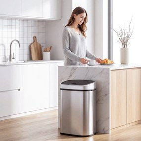 HOMCOM Odpadkový koš 58L, automatický odpadkový koš s infračerveným senzorem, hygienický, velký, nerezová stříbrná, D40,9xŠ28,9xV68 cm