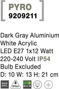 NV 9209211 Venkovní nástěnné svítidlo PYRO tmavě šedý hliník bílý akryl E27 1x12W 220-240V IP54 bez žárovky - NOVA LUCE