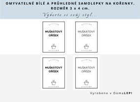 MUŠKÁTOVÝ OŘÍŠEK - Samolepka na kořenky 3 x 4 cm - DomaLEP varianta: PRŮHLEDNÁ - tučné písmo