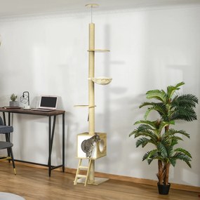 Škrabadlo PawHut 240-260 cm vysoké s domečkem pro kočky a houpací sítí ve světle hnědé a béžové barvě pro aktivní kočky |