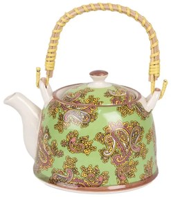Porcelánová konvička na čaj se sítkem se zeleným kašmírovým motivem – 800 ml