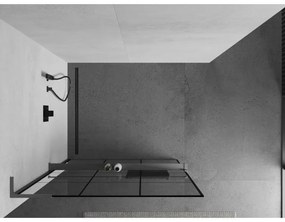 Mexen Kioto+ L, sprchová zástěna Walk-In s poličkou a věšákem 100 x 200 cm, 8mm čiré sklo černý vzor, ​​grafitový profil, 800-100-123-95-77