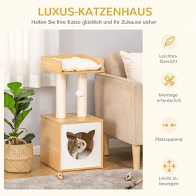 PawHut kočičí jeskyně s kočičí jeskyní a 2 polštáři, 2 úrovně včetně kočičího domečku, hračka s míčkem, kočičí byt, sisal, příroda, 35 x 35 x 81 cm |…