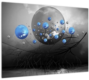 Skleněný obraz modrých abstraktních koulí (70x50 cm)