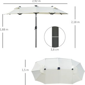Dvojitý slunečník, terasový slunečník, sklápěcí, se solárním panelem, 35 LED diod, ocelový rám, béžová barva, 2,92 x 1,50 x 2,18 m
