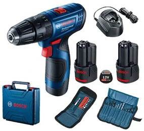 Bosch - 12V AKU vrtací šroubovák s příklepem, s příslušenstvím, 2x aku 2,0 Ah Li-Ion, nabíječka 06019G8102