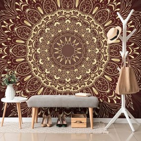 Samolepící tapeta zlatá Mandala na bordóvém pozadí - 150x100 cm