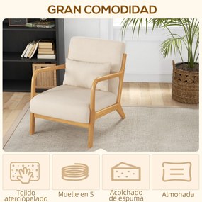 HOMCOM Lounge Křeslo Nordic Styl s Područky a Polštem, Rám z Gumového Dřeva pro Obývací Pokoj, Nosnost 120 kg, 61x78x76 cm, Béžové