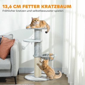 Škrabadlo pro kočky, sisalový sloupek, víceúrovňové, plyšová tkanina, závěsný míč, světle šedá barva